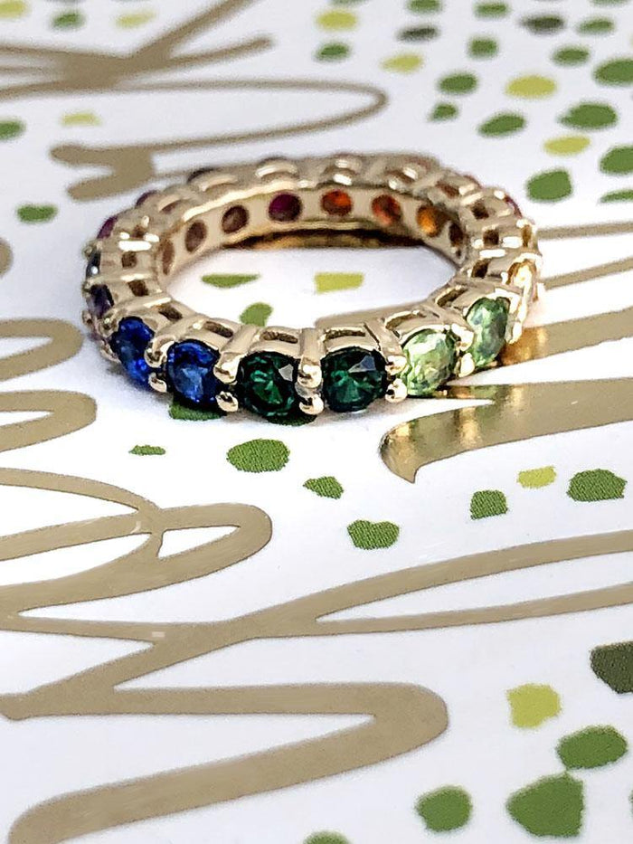 Rainbow Colored CZ Eternity Wedding Band 14k Chic Jewelry